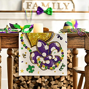 Artoid Mode Iris Jewellery Hearts Mardi Gras Table Runner, Seasonal Kitchen Dining Table Decoration for Home Party Decor 13x72 Inch