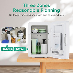 PERSONAL CHILLER Mini Fridge, 6L Skincare Fridge with LED Makeup Mirror, Portable Cosmetic Mini Fridge for Refrigerating Makeup, Snacks, Bedroom Vanity, Office, White