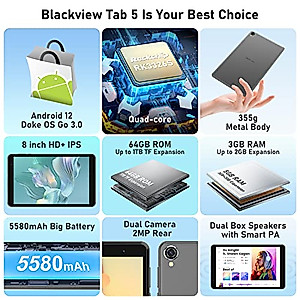 Blackview Tab 5 Tablets, 2023 Latest Tablet Android 12, Quad-Core 5GB(3+2) RAM 64GB ROM up to 1TB TF, 8 inch Tablet HD+ IPS 1280*800, Android Tablet 5580mAh Big Battery, Dual BOX Speakers WiFi, Gray