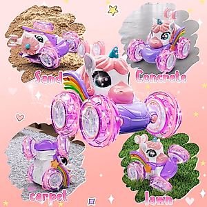 Unicorn Remote Control Car for Girls, 360° Rotating 4WD Stunt RC Cars with Cute Lights, Rechargeable Car Toys Birthday Gifts for Kids Girl Age 3 4-6 6-8