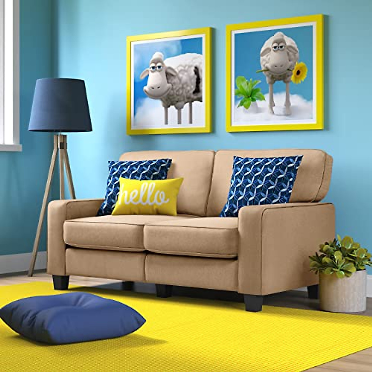 Serta Palisades Upholstered Sofas for Living Room Modern Design Couch, Straight Arms, Soft Fabric Upholstery, Tool-Free Assembly, 61" Loveseat, Sand Beige