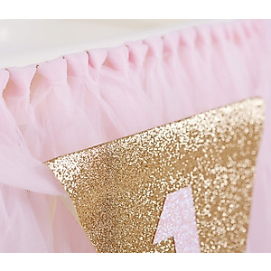 1st Birthday Girl Decoration High Chair Tutu Skirt WITH No.1 Crown -1st Birthday Decorations Cake Smash for Baby Girls - First Birthday Banner, Princess Crown and 'ONE' Cake Topper in Baby Pink n Gold