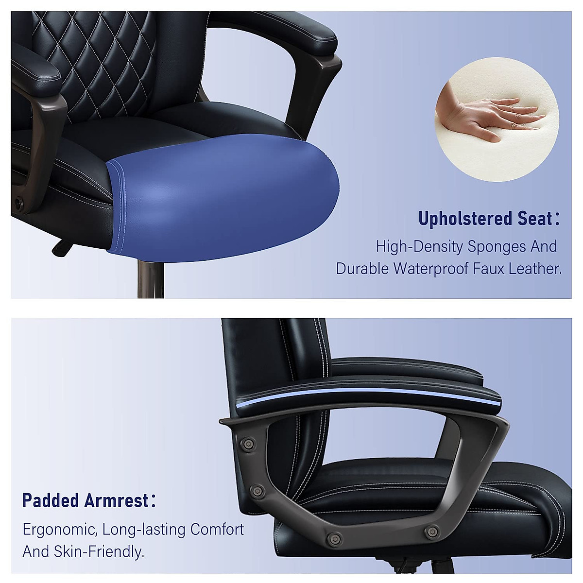 Ergonomic Office Chair High Back Home Office Desk Chair with Wheels Computer Chair with Lumbar Support PU Leather Executive Office Chair，Black