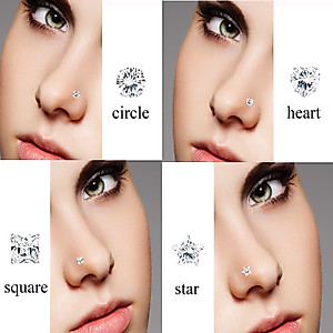 Sllaiss 8Pcs 22G Sterling Silver Nose Rings Studs Tiny 3mm Assorted Shapes CZ Inlaid Nose Body Piercing Jewelry