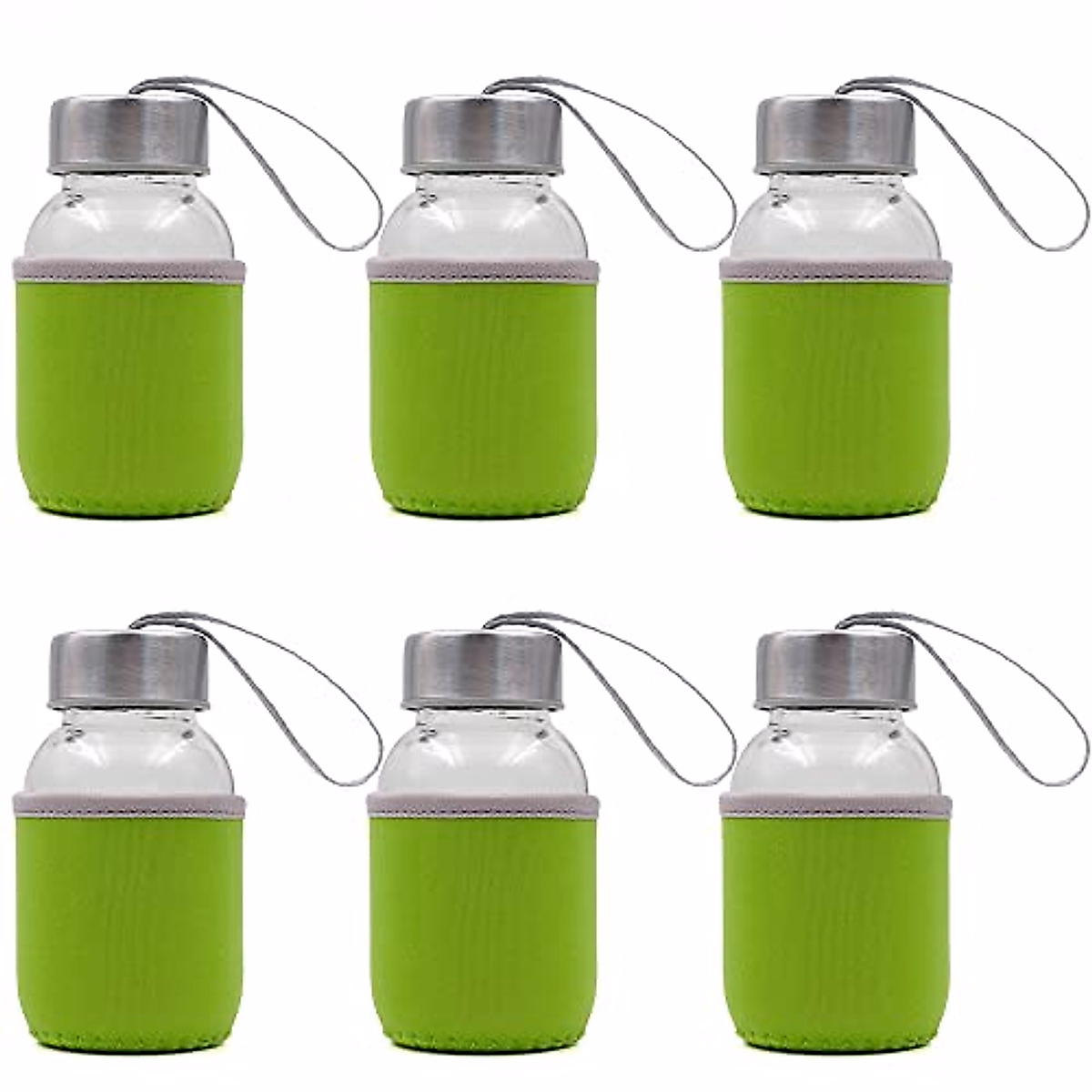 Muka (Pack of 6PCS) 5 Ounce Glass Drinking Bottle with Stainless Steel Lid Insulated Sleeve for Kids-Green/6pcs