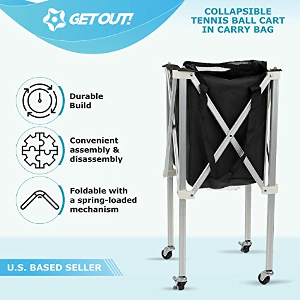 Get Out! Portable Tennis Ball Hopper Basket with Wheels - Tennis Ball Cart for 150 Racquetball, Pickleball, Baseball