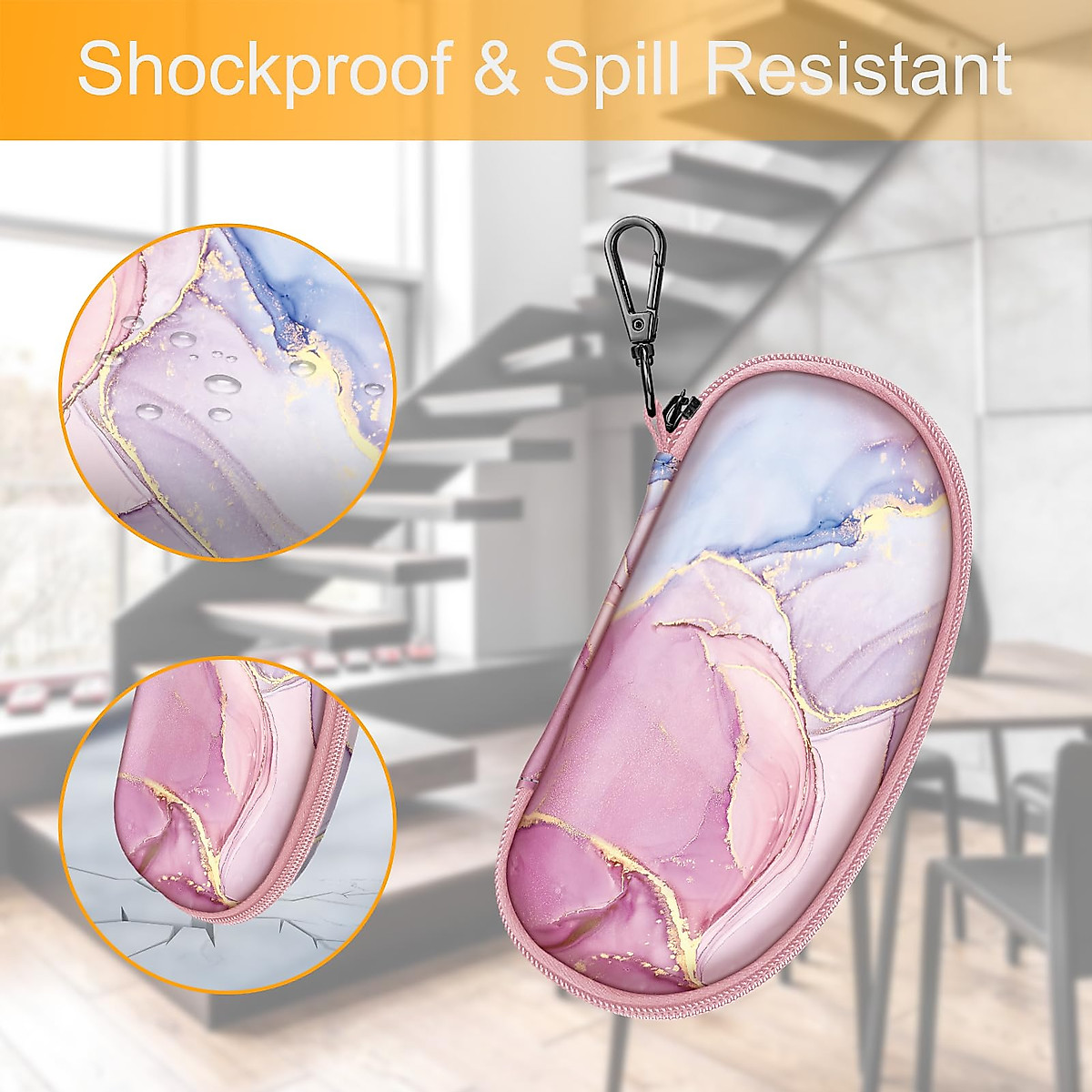 Fintie Sunglasses Case with Carabiner, Hard Shell Shockproof Sport Glasses Case Travel Zipper Eyeglasses Case, Glittering Marble