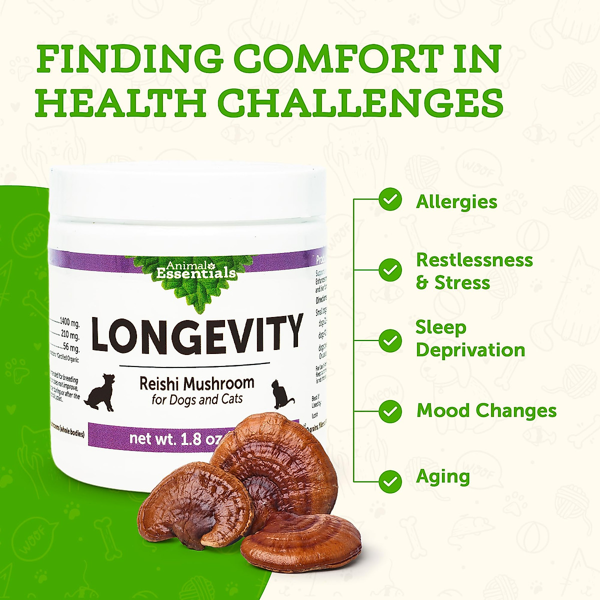 Animal Essentials Longevity Reishi Mushroom Supplement for Dogs & Cats - Healthy Cardiovascular & Liver Function, Supports Long Term Health, Mushroom Powder Extract, Antioxidant - 1.8 Oz (Pack of 1)