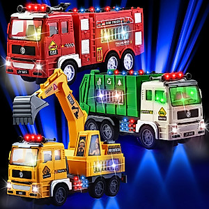 JOYIN 3-in-1 Toy Trucks, Automatic Bump & Go Fire Truck Toy, Garbage Truck, Play Excavator with Lights and Music, Vehicle Toys Gifts for Kids Boys and Girls 2-8 Years Old