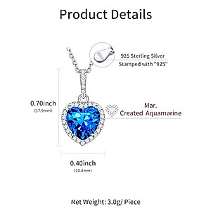 Love Heart Necklace Created March Birthstone Necklace Blue Created Aquamarine Sterling Silver Necklace