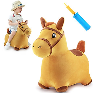 iPlay, iLearn Bouncy Pals Hopping Horse, Toddler Girl Boy Inflatable Bouncing Animal Hopper Toy, Outdoor Indoor Plush Ride on Bouncer, Baby Birthday Gift 18 Month 2 3 4 Year Old Kid - Horse