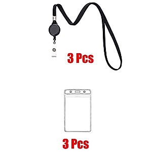 KINGSUM 3 Pack Lanyard with ID Holder Sets - Flat ID Lanyard with Retractable Badge Reel & Heavy Duty Clear Vertical ID Card Name Badge Holder (Black,3 Pack)