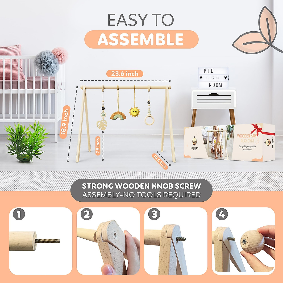 Wooden Baby Gym – Premium Infant Activity Gym with Hanging Bar for Wooden Toys – Wooden Play Gym Frame for Tummy Time Mat – Educational Baby Activity Gym for Newborn Gift for Baby Girl and Boy