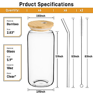 Dyserbuy Glass Cups with Bamboo Lids and Glass Straw 6pcs Set, 16oz Drinking Glasses, Beer Iced Coffee Glasses, Tumbler Cup, Ideal for Smoothie, Boba Tea, Whiskey, Water