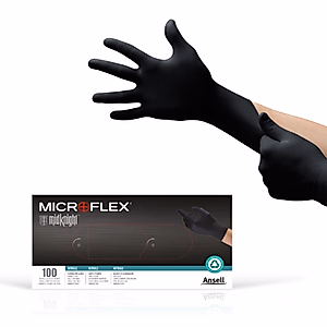 Microflex MidKnight MK-296 Disposable Nitrile Gloves for Automotive, Law Enforcement w/ Full Texture - X-Large, Black (Box of 100)