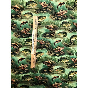 Fat Quarter 1/4 Yard - Bass Trout Fish Fishing Fisherman Sewing Fabric 100% Cotton (18" x 22")