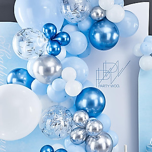 PartyWoo Blue Balloon Garland Kit, 140 pcs Blue and White Balloon Arch Kit, 4D Silver Balloons, Metallic Balloons, Confetti Balloons for Baby Shower Decorations, Birthday Decorations, Baptism