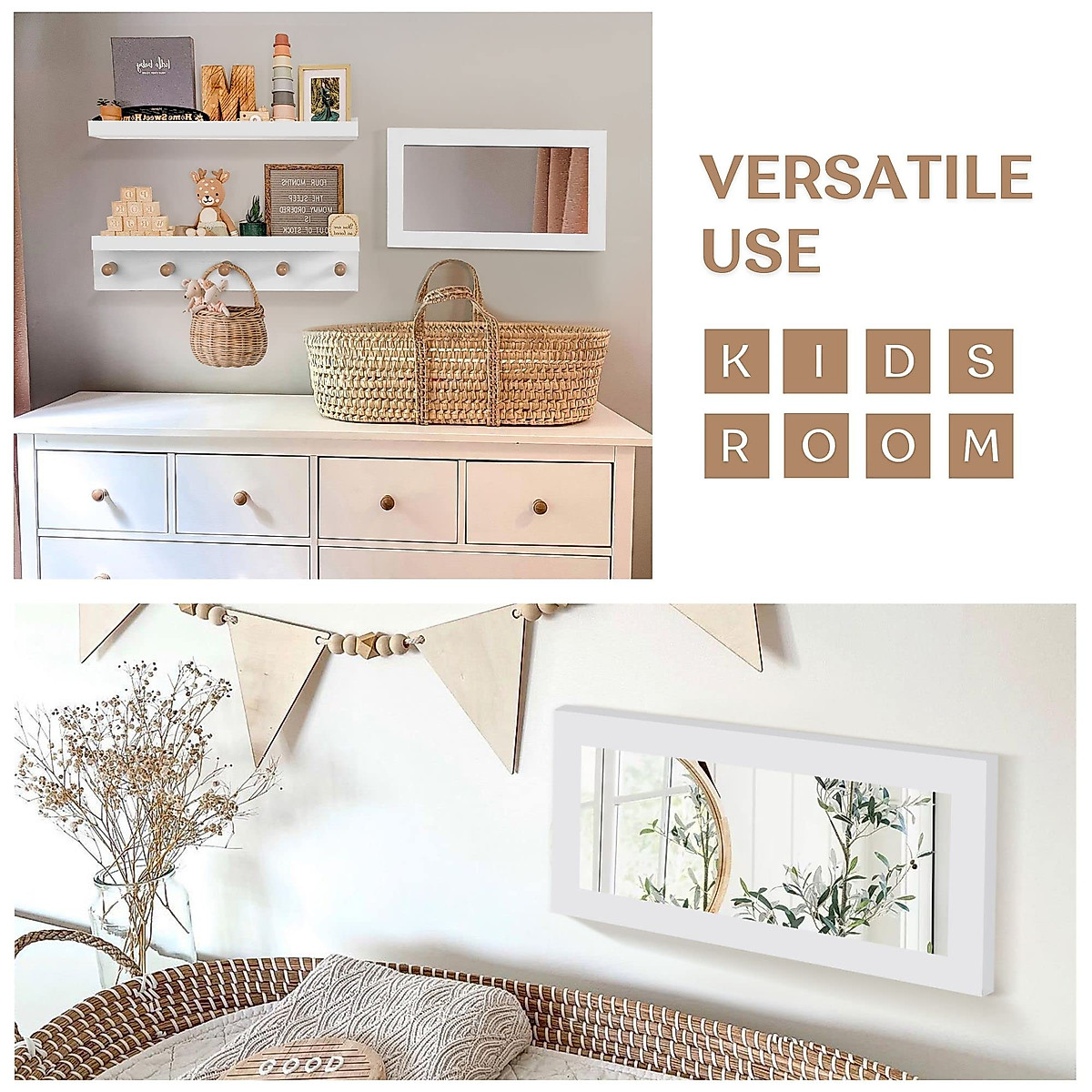 COMAX Nursery Floating Book Shelves with Wall Mirror, Wall Bookshelf for Kids Room Bedroom, Hanging Nursery Book Shelves Wall Mounted Bookshelves, Hanging Baby Book Shelf Nursery Shelves White