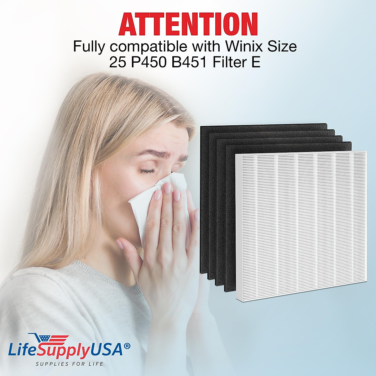 LifeSupplyUSA Complete Replacement Filter Set (1 True HEPA Air Cleaner Replacement Filter + 4 Carbon Filters) Compatible with Winix Size 25 P450 B451 Filter E Air Purifiers