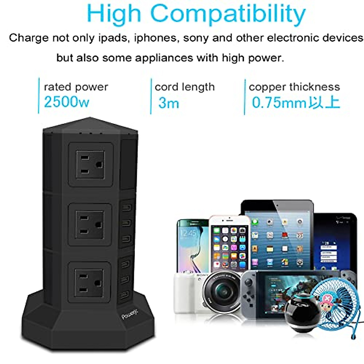 Tower Power Strip Surge Protector 12 AC Outlets with 6 Ports USB Chargers 10 Feet Long Extension Cord Indoor Black-Powerjc