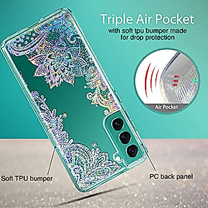 Coolwee Anti Yellowing Clear Glitter for Samsung Galaxy S22 Plus, 6.6 inch, Thin Flower Slim Cute Crystal Lace Bling Women Girls Floral Plastic Hard Back Soft TPU Bumper Protective Cover Mandala Henna