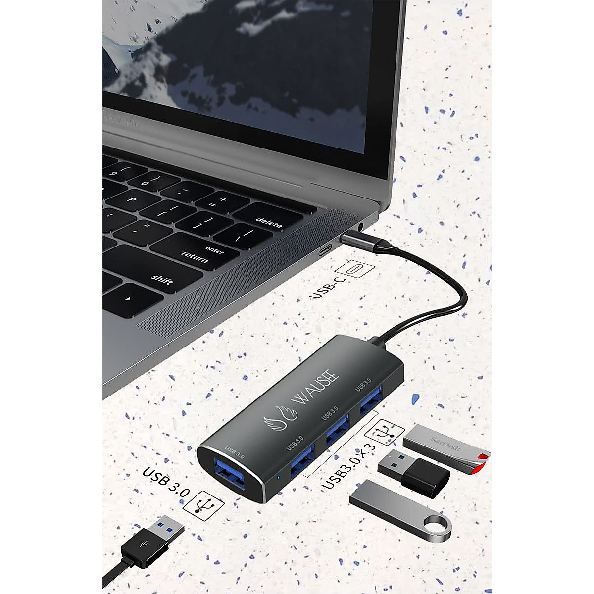 Wausee USB 3.0 Hub Type C 4-Port Splitter, Docking Station,Expander Adapter,Dongle (4 in 1) for Notebook PC,Laptop,Computer,MacBook, Mac Pro/mini, iMac, Surface Pro, XPS,Flash Driver, Mobile HDD(Grey)