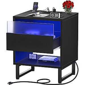 LED Nightstand with Charging Station, Black Night Stand with Charger Station, Bedside Table End Tables Bedroom, Modern Night Stand with a Big Capacity Drawer