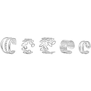 U-M 5Pcs / Set Ear Cuffs, Simple Earrings, C-Shape Ear Bone Clips, Multi-Layer Wrap Earrings, Without Pierced Earring Set, Leaves Ear Cuff(Silver) Nice Design