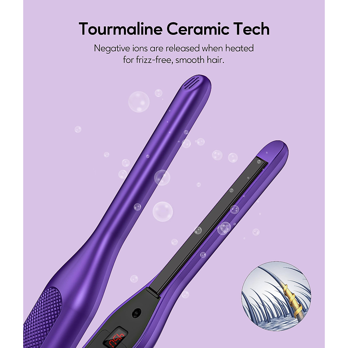 Terviiix Ceramic Pencil Flat Iron for Edges, 3/10 Inch Skinny Hair Straightener with LCD Digital Display, Mini Flat Iron for Pixie & Beard, Small Flat Irons for Short Hair, Auto Shut Off, Purple