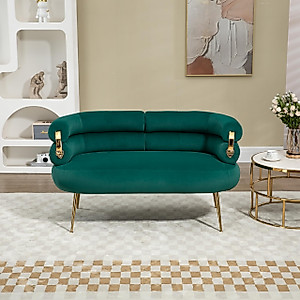 Velvet Small Loveseat Sofa, Upholstered Mini Couch with Curved Backrest, Modern 2-Seat Sofa with Gold Metal Legs, Comfy Love Seat for Living Room, Bedroom, Dorm, and Apart（Green）