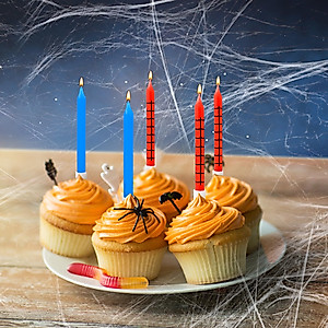 12pcs Spider Candles, Spider Web Birthday Candles for Man Cake Topper Candle Spider Party Decorations for Spider Themed Birthday Party Halloween Party Decor (Red, Blue)