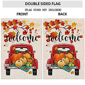 Thanksgiving Fall Welcome Garden Flags for Outside,Truck with Pumpkins Maple Leaves,Harvest Decorative Farmhouse Flag for Patch,12.5 x 18 Inch Double Sided,Small Thanksgiving Yard Flags for Autumn Outdoor Decor