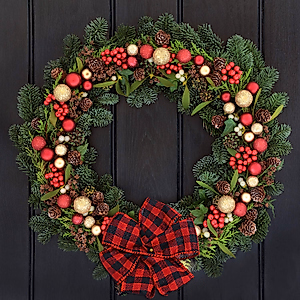 URATOT Red and Black Plaid Burlap Ribbon Christmas Wired Ribbon Wrapping Ribbon for Christmas Crafts Decoration, Floral Bows Craft (5cm x 6m)