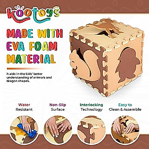 KOOTOYS Animal Pattern Foam Playmat for Babies, 36 PCS Baby Play Mat Interlocking Foam Tiles for Kids, Jigsaw Puzzle Foam Floor Mats with Fence, Activity Play Mats for Babies and Toddlers