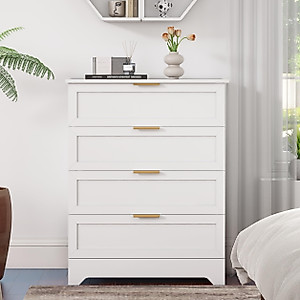 White 4 Drawer Dresser for Bedroom, Tall Bedroom Dresser with Large Drawer & Golden Handles, Wooden Storage Organizer Cabinet Chest of Drawer for Closet, Living Room, Hallway, Children's Room