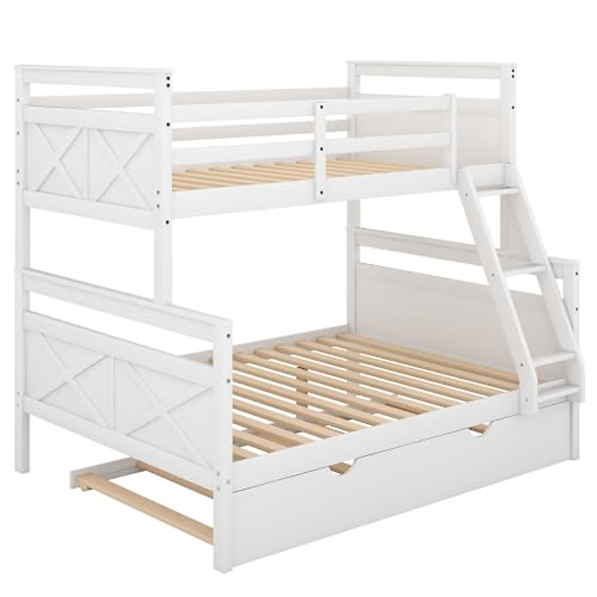 DEYOBED Twin Over Full Bunk Bed with Twin Size Trundle, Wooden Bed Frame with Ladder and Safety Guardrail for Kids Boy Girls, Can Convertible into 2 Separated Beds, White