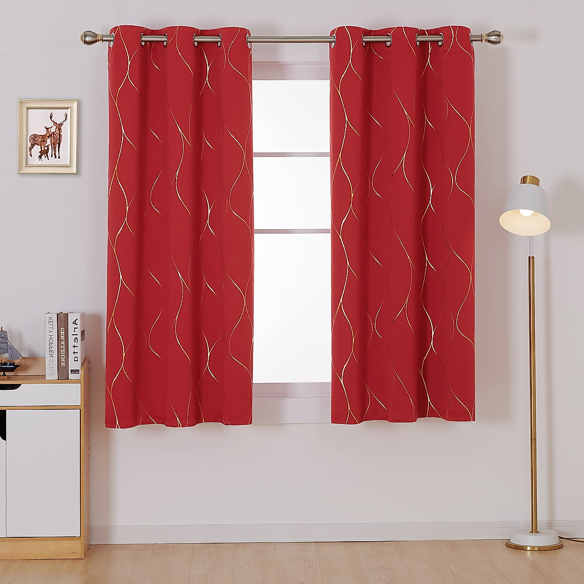 Deconovo Gold Wave Print Blackout Curtains for Bedroom, Thermal Insulated Curtains for Living Room, Room Darkening Drapes (Red/Wave, 42x63 Inch, 2 Panels)