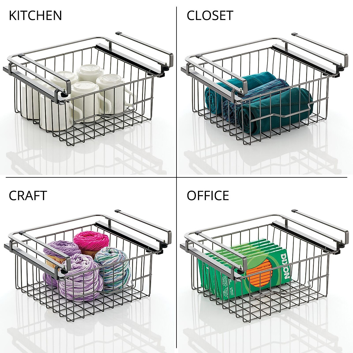 mDesign Compact Hanging Pullout Drawer Basket - Sliding Under Shelf Storage Organizer - Metal Wire - Attaches to Shelving - Easy Install - for Kitchen, Pantry, Cabinet - Graphite Gray