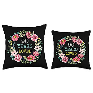 Ninety Years Old Men Women Birthday Gift Floral Design 90 Years Old Grandpa Grandma 90th Birthday Throw Pillow, 16x16, Multicolor