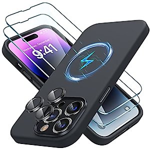 LK for iPhone 14 Pro Case + 2 Pack Screen Protector + Round Lens Protector [Compatible for MagSafe] [Soft Microfiber Lining] Silicone Slim Shockproof Phone Case iPhone 14 Pro, Mystic Black