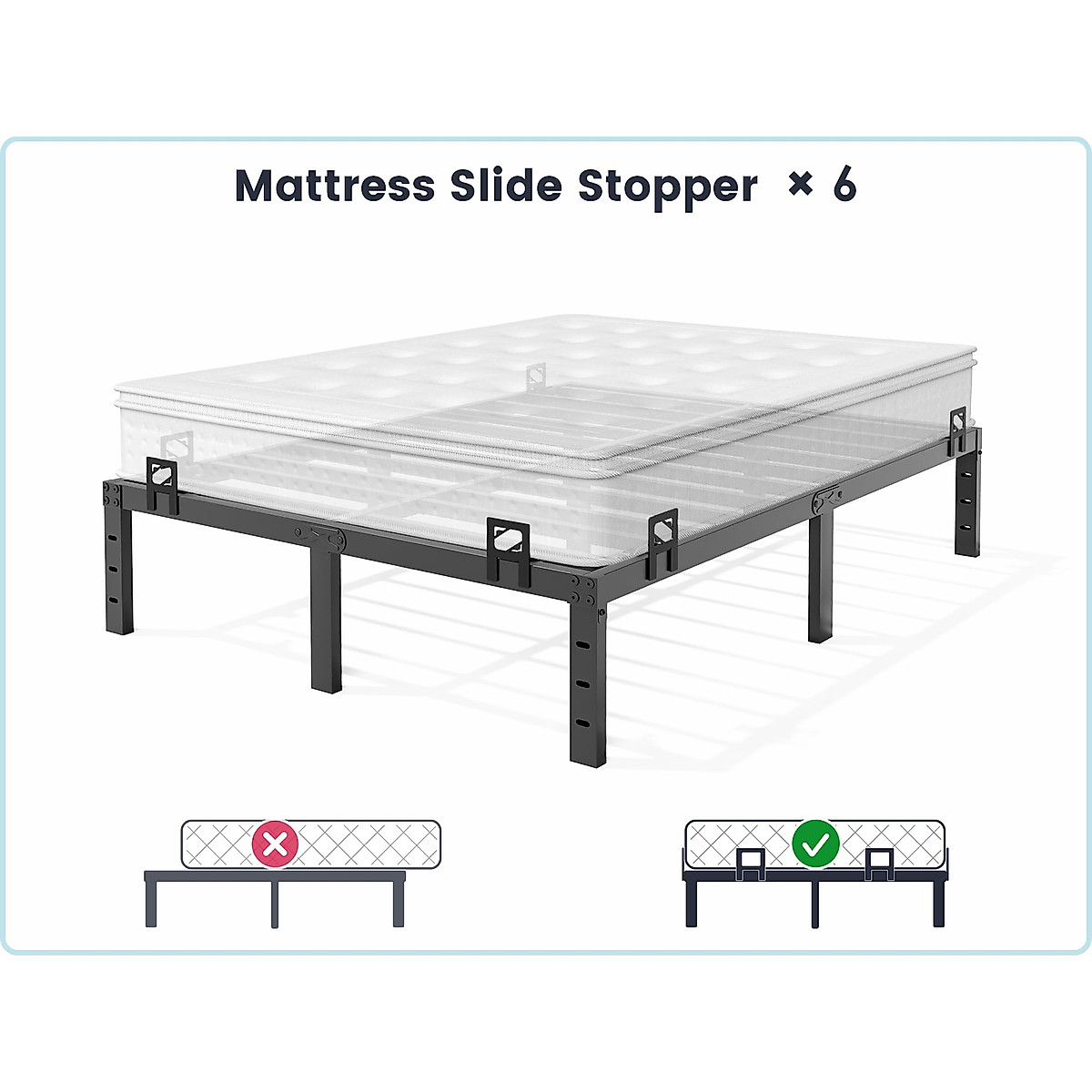 HAVONIZD Mattress-Slide-Stopper, 6-PCS, Mattress-Holder for Metal Bed-Frame, Non-Slip Mattress-Gaskets, Keep-Mattress-from-Sliding, Adjustable Size, Black