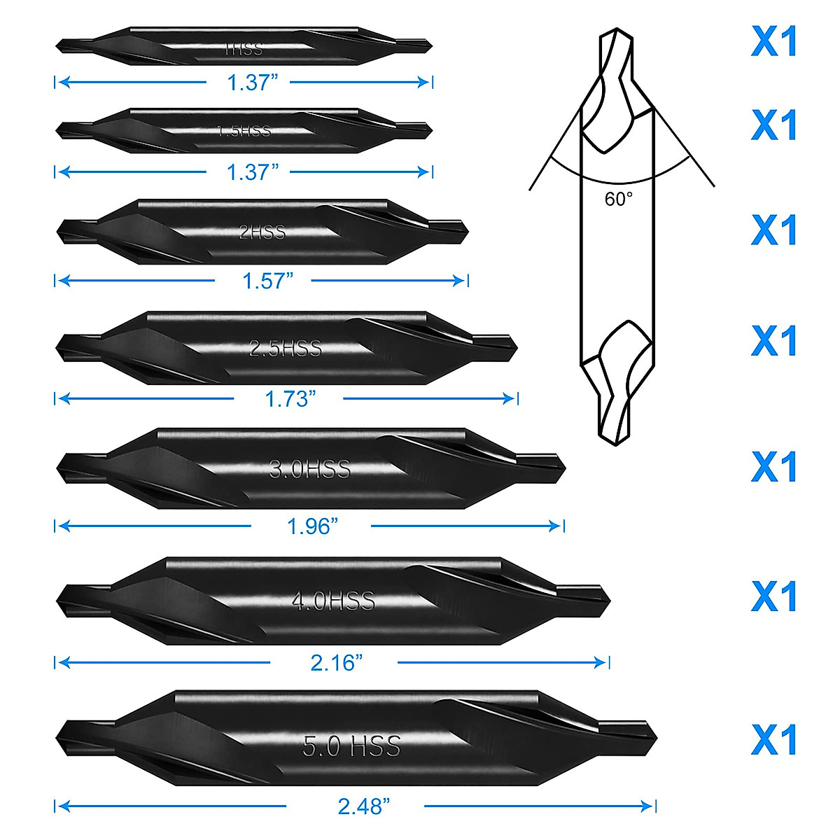 7 Packs Center Drill Bits Set, Black Oxide Coating M2 High Speed Steel Center Drill Bits Kit 60 Degree Angle Countersink Bit Tool for Lathe Metalworking Size 1.0 1.5 2.0 2.5 3.0 4.0 5.0 with Case