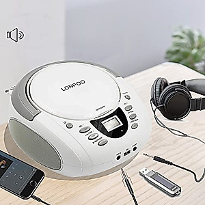 LONPOO CD Player Portable Boombox with FM Radio/USB/Bluetooth/AUX Input and Earphone Jack Output, Stereo Sound Speaker & Audio Player,White