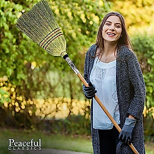 Peaceful Classics Wooden Broom - Handmade Amish Corn Broom with Hard Wood Handle, Heavy Duty Indoor Broom/Outdoor Broom for Any Floor with Straw Broom Sweeper Brushes, Wood Broom for Sweeping, Yellow