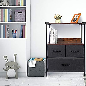 CONNOO Nightstand, Bedside Table with 3 Fabric Drawer, Storage Shelf, 2 Wooden Top, Night Stands Dresser for Bedroom, Hallway, Hotel, Closet, Nursery, Living Room, Office, Industrial Rustic Black