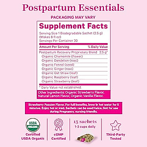Pink Stork Postpartum Recovery Herbal Tea, Organic Red Raspberry Leaf with Chamomile, Hormone Balance for Women after Labor and Delivery, Strawberry Passion, Caffeine-Free, 15 Sachets
