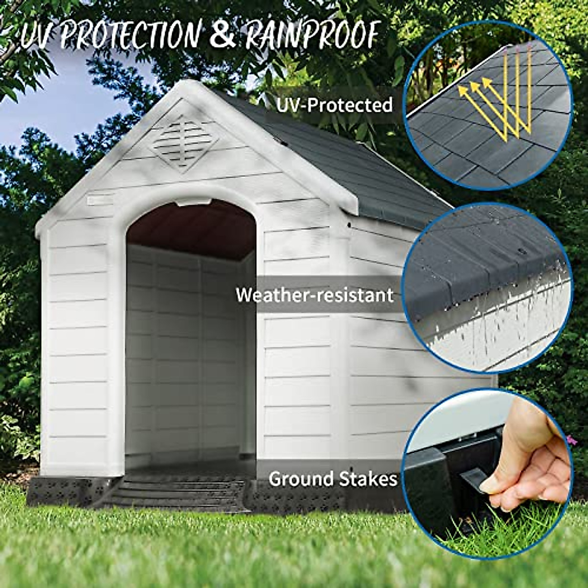 PUKAMI Durable Plastic Dog House with Elevated Floor and Air Vents for Outdoor Indoor Small Medium Large Dogs,Waterproof Ventilate & Easy Clean and Assemble(Grey, 42inch)