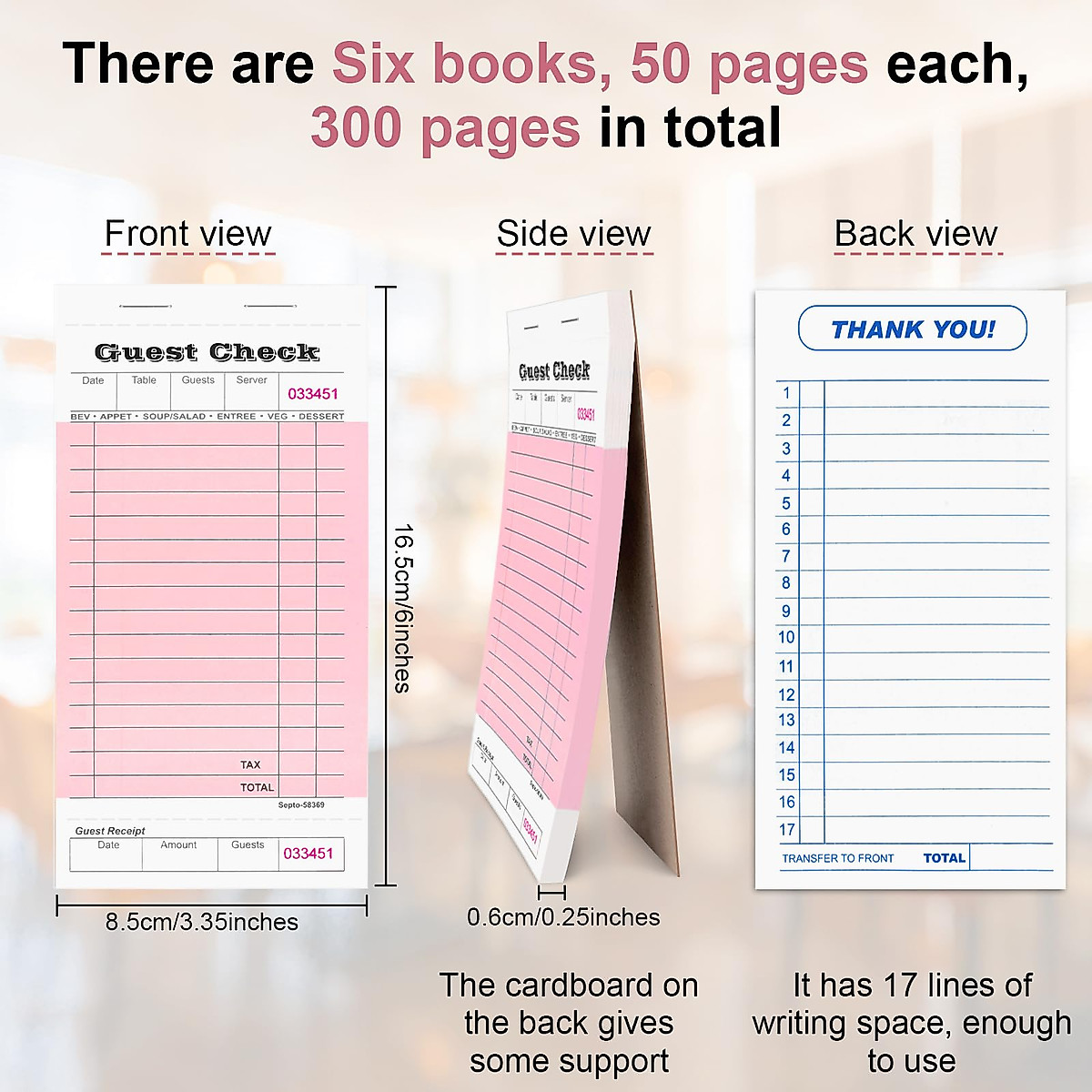 6 Pack Server Note Pads, Guest Check Books for Servers, Guest Checks Notepad for Waiter Waitress Servers, Waitress Notepad for Restaurants Food Order, 50 Sheets/Pad, Pink Guest Check