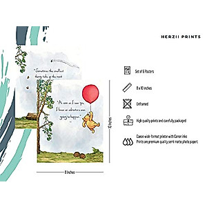 HerZii Prints Classic Winnie The Pooh Wall Art Decorations Set of 6 8x10 inch - Nursery Playroom Home Decor - Baby Shower Decorations