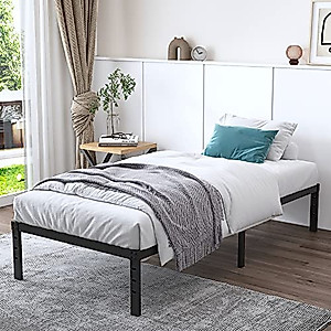 YUSENHEEI Twin Size Bed Frame 16 Inches High Metal Platform Bedframe with Slat Strips Easy Assembly Heavy Duty Strong No Need Box Spring Noise Free Non-Slip Large Storage Space Underbed